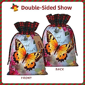 EVANEM Christmas Gift Bags with Drawstring Burlap Gift Bags Butterfly Christmas Linen Bags for Xmas Party Candy Bags with Cards Xmas Reusable Wrapping Bags Christmas Linen Treat Bags for Holiday