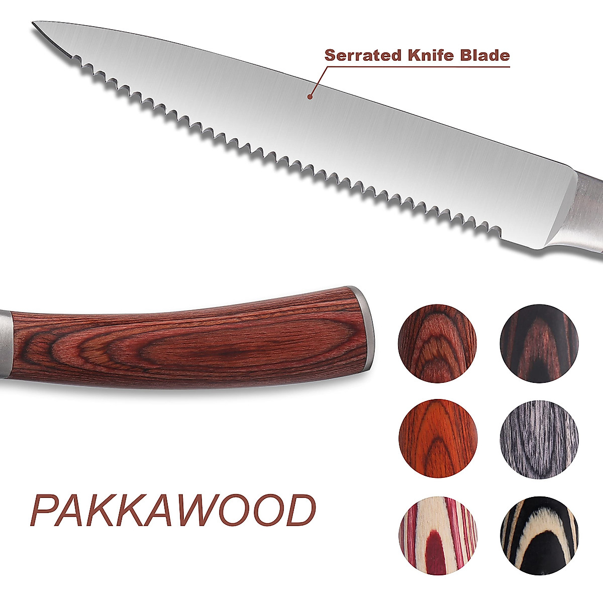 LUVCOSY Pakkawood Steak Knives Set of 12, 12PCS Set of Stainless Steel Serrated Steak Knives with Pakka Wood Handle, Fine Edge Dinner Knife Set with Gift Box for Home Party