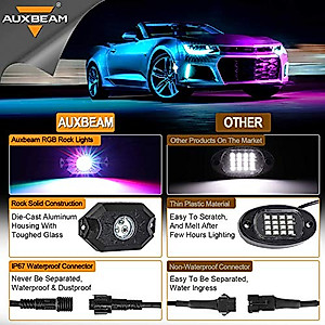 Auxbeam RGB LED Rock Lights 4 Pods + 3FT RGB LED Lighted Whips w/Brake & Turn Signal Light 2Pcs, Bluetooth Multicolor Neon Accent Lights Replacement for Jeep ATV UTV SUV Trucks Boat