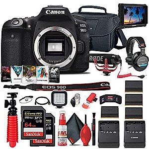 Canon EOS 90D DSLR Camera (Body Only) (3616C002), 4K Monitor, Pro Mic, Pro Headphones, 2 x 64GB Memory Card, Case, Corel Photo Software, 3 x LPE6 Battery, Charger + More (Renewed)