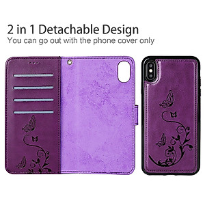 WaterFox iPhone XR Wallet Case with 4 Card Holder for Women, Detachable Cover Flip Folio PU Leather Wrist Strap Removable Magnetic Kickstand with Floral Flower Design for Girls - Purple