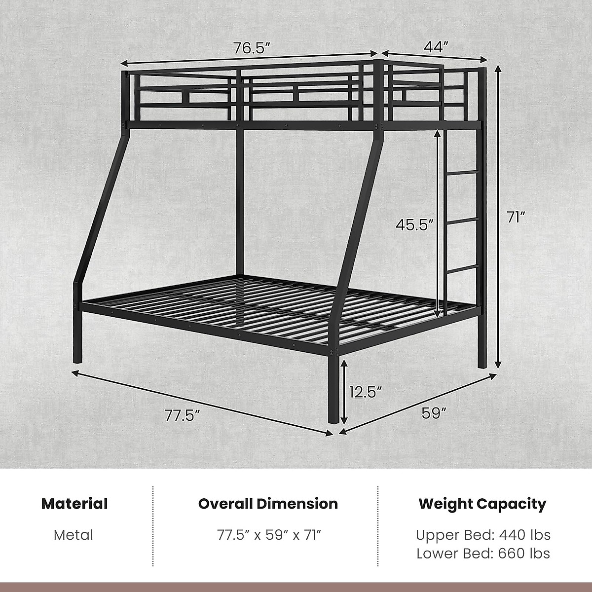 KOMFOTT Metal Twin Over Full Bunk Bed, Heavy Duty Bed Frame with Integrated Ladder, Full-Length Guardrails for Teens & Adults, Space-Saving Bunk Bed for Bedroom & Dorm, No Box Spring Required