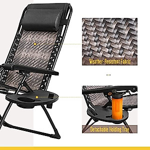 Omelaza Outdoor Zero Gravity Lounge Chair, Adjustable Reclining Patio Folding Chair with Headrest and Cup Holder, All-Weather Rattan Wicker for Pool, Yard, Garden - Grey