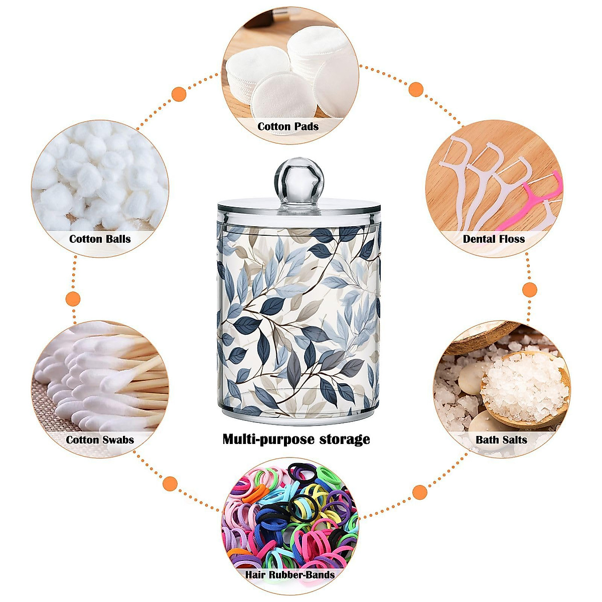 Blue Gray Leaves Qtip Holder 2Packs Apothecary Jars with Lids Cotton Ball Holder Bathroom Organizer Dispenser Plastic Jar for Floss Vanity Cotton Pad Swab Room Home Decor