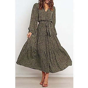 PRETTYGARDEN Women's Long Sleeve V Neck Leopard Print Ruffle Maxi Dress Tie Waist Boho Chiffon Flowy Long Dress (Green, Small)