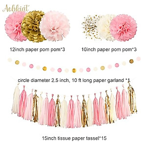 AOBKIAT Baby Shower Birthday Party Decorations for Girl,28 PCS Pink Gold Tissue Paper Pom Poms,Dots Paper Garland,Tassel Galand,Hanging Backdrop for Bridal Showers,Wedding Party Supplies
