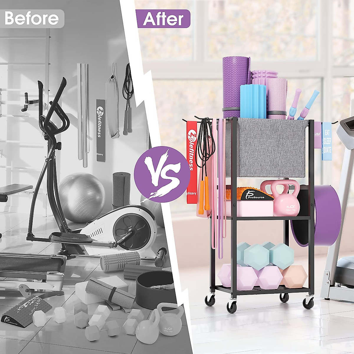 Home Gym Storage Organizer Yoga Mat Storage Workout Storage Organizer,Home Gym Storage Exercise Rack Gym Accessories with Hooks and Wheels