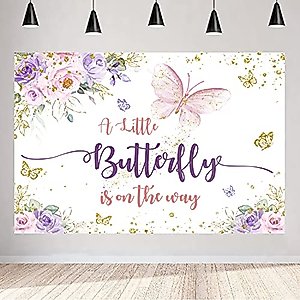 Aperturee 5x3ft Butterfly Baby Shower Backdrop A Little Butterfly is on The Way Photo Purple and Pink Floral Gold Spots Flowers Photography Background Princess Girl Party Decoration Banner Photo Booth