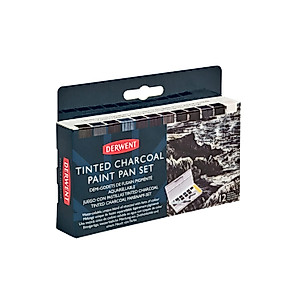 Derwent Tinted Charcoal Paint Pan Set, 12 Paints, Professional Quality, Water Soluble, Blendable, Portable, Includes Palettes, Mini Waterbrush & Cleaning Sponge (2305872) 1 Count (Pack of 1)
