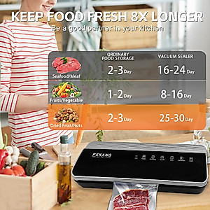 Pskang Vacuum Sealer Machine One-Touch Vacuum Sealer with Bags Rolls Storage and Cutter Automatic Air Sealing System with Vacuum Seal Bags and 1 Roll (11"x16')）