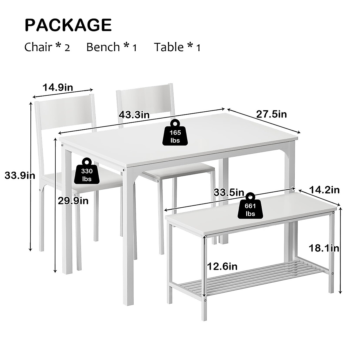 soges 4 Person Dining Table Set,43.3 inch Kitchen Table Set for 4,2 Chairs with Backrest,2-Person Bench with Storage, White Rack,Nesting Furniture Set for Dining Room and Restaurant, White