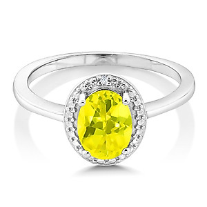 Gem Stone King 925 Sterling Silver Canary Mystic Topaz and White Diamond Engagement Ring For Women (1.31 Cttw, Gemstone Birthstone, Oval 8X6MM, Available In Size 5, 6, 7, 8, 9)