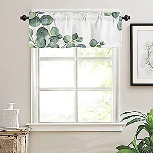 YOKOU Curtain Valance, Natural Green Leaves Watercolor Eucalyptus Leaf White Short Rod Pocket Window Treatment for Living Room, Bedroom, Kitchen, Bathroom, 1 Panel, 54" W x 18" L