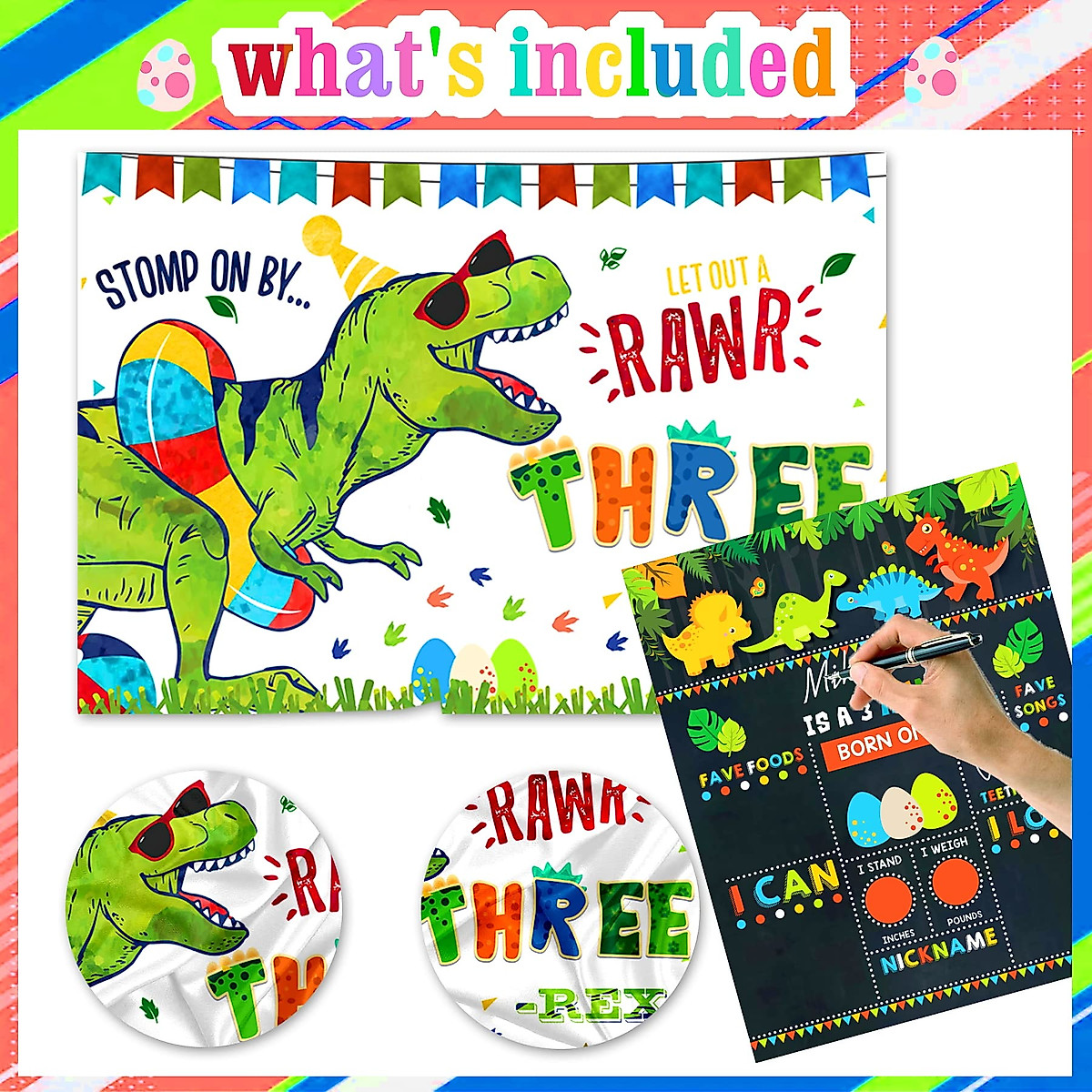 Three Rex Birthday Party Decorations Boy, Dinosaur 3rd Birthday Party Decorations Supplies,3 Rex Birthday Party with 3 Rex Birthday Backdrop Dinosaur Balloons Kit for 3rd Birthday Decorations for Boys