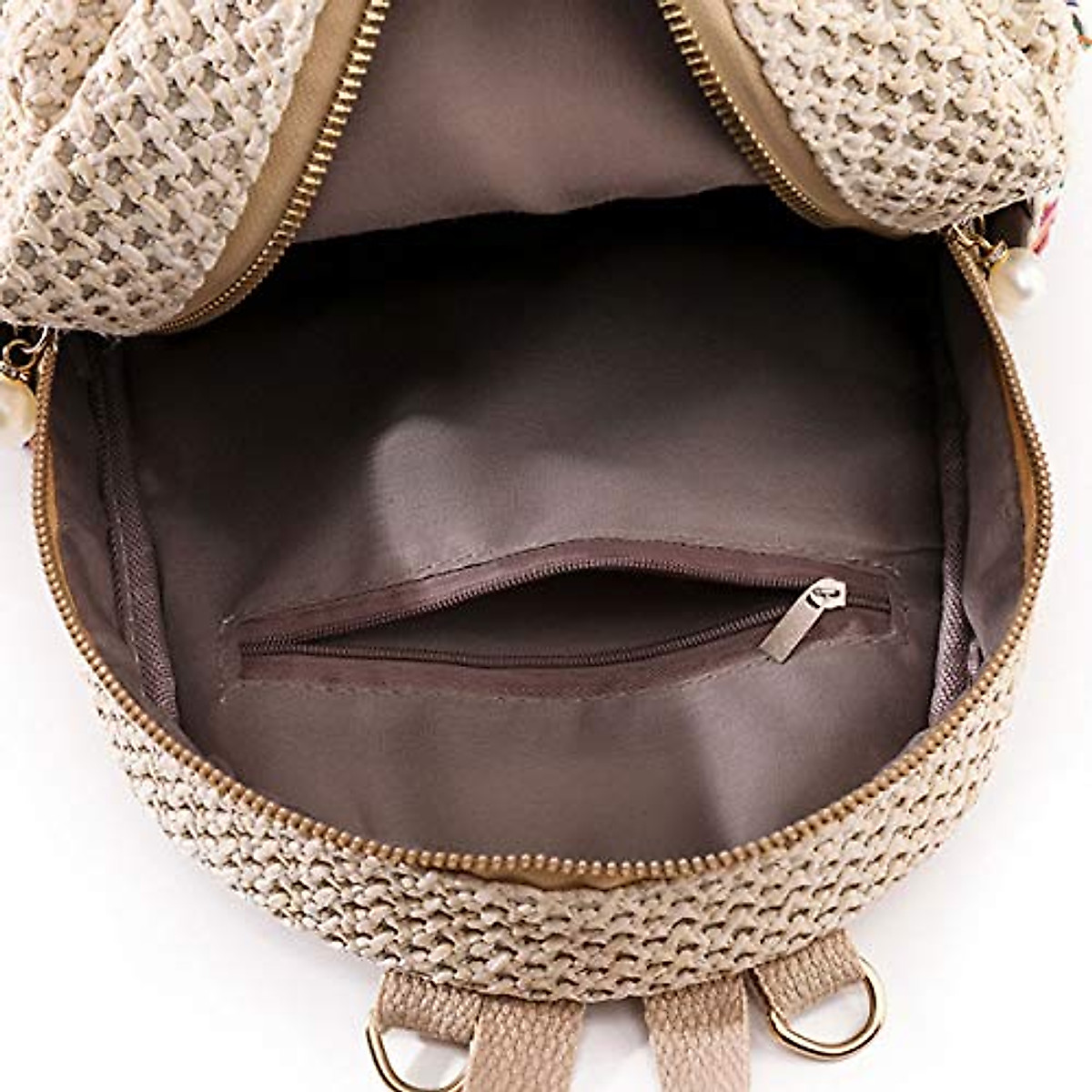 Lightweight Straw Crochet Backpack Hollow Out Drawstring Shoulders Bag for Women (B-Light Khaki, one size)