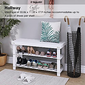SMIBUY Bamboo Shoe Rack Bench, 3-Tier Shoe Organizer Storage Shelf for Entryway Hallway Bathroom Living Room (White)