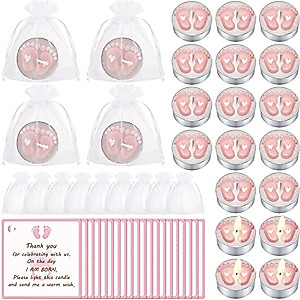 Treela 20 Sets Baby Shower Party Favors Tea Lights Candles for Guests Cute Baby Feet Shaped Burning Tea Light Candles Thank You Tags Return Gifts for Baby Shower Party Favors(Pink)