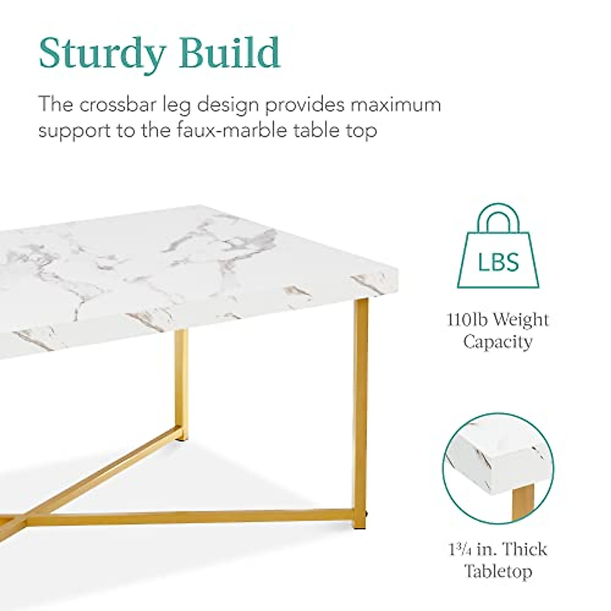 Best Choice Products 44in Rectangular Marble Coffee Table, X-Base Accent Table for Living Room, Dining Room, Home Décor w/Faux Marble Top - White/Bronze Gold