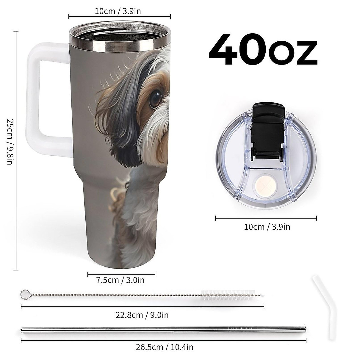 DWVSFJM Shih Tzu Dog Insulated Tumbler 40 Oz Stainless Steel Double Wall Vacuum Travel Mug Large Capacity Car Cup Reusable Coffee Cup with Handle And Straw Lid Gifts White