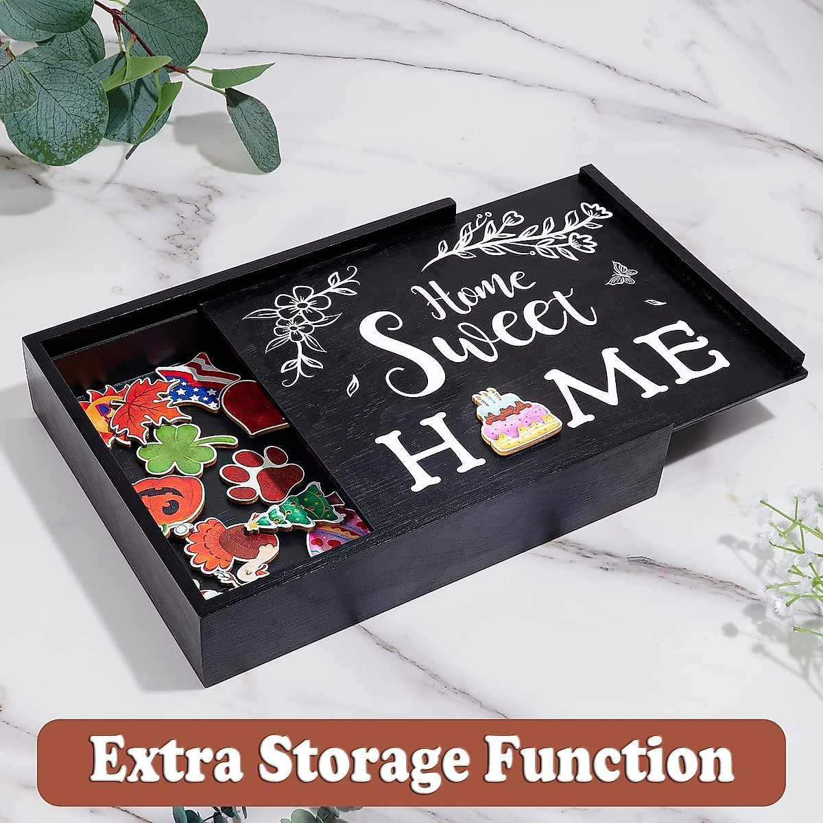 WERNNSAI Home Sweet Home Sign - Interchangeable Holiday Decor with 12 Piece Wooden Changeable Holiday Magnets Seasonal Icon Wood Sign for Desktop Kitchen Bedroom Xmas House Warming Gifts