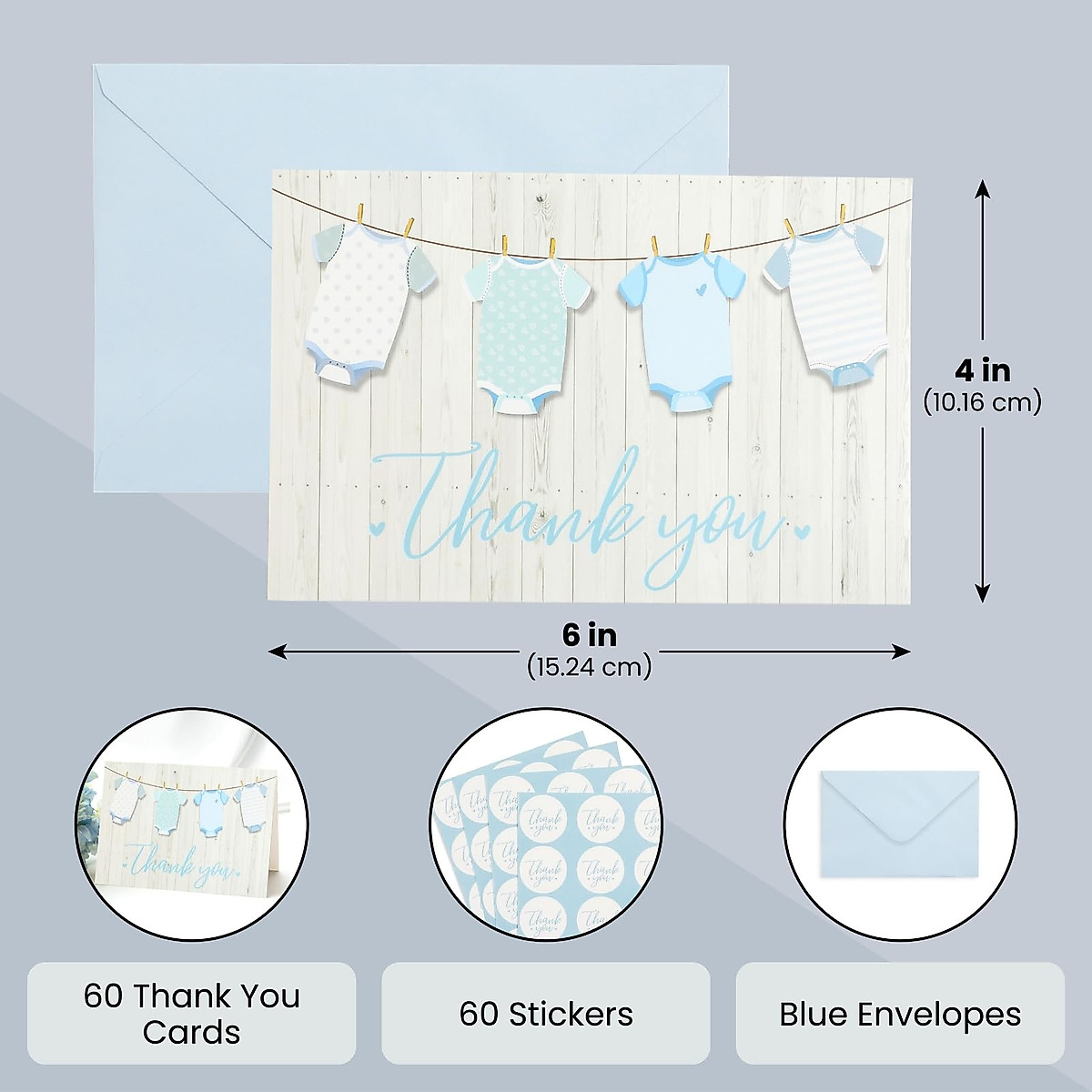 Pipilo Press 60 Pack Boy Baby Shower Thank You Cards with Blue Envelopes, Cute Stickers, Blank Inside (6 x 4 In)