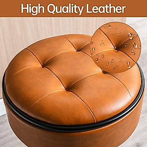 Round Storage Bar Stool Set of 2,Faux Leather Height Adjustable Barstool, 360°Counter Height Swivel Stool, Armless Bar Chair with Metal Frame for Kitchen Counter Dining Living Room Whiskey Brown