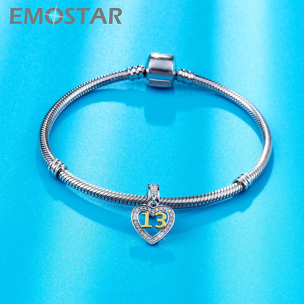 13 Years of Love Birthday Charms fits Pandora Style Bracelet, Golden Number 13, 925 Sterling Silver Heart Bead Pendant with Birthstones CZ, 13th Milestones Gifts for Back to School/Christmas