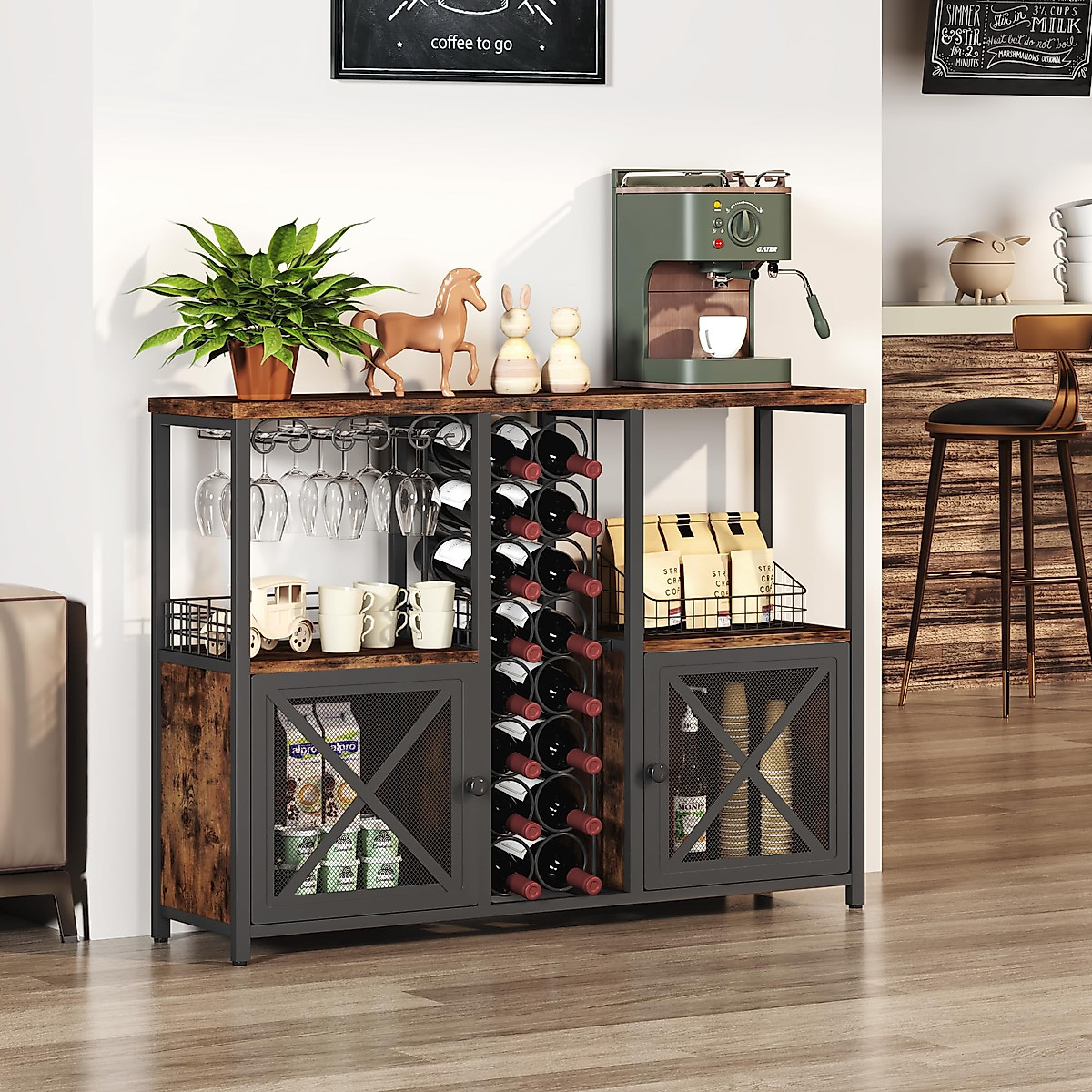 Homeiju Mini Bars for Home, Wooden Coffee Bar Cabinet, Modern Liquor Cabinet for Liquor and Glasses, Farmhouse Buffet Wine Bar Cabinet with Storage Sideboard for Home Kitchen Dining Room