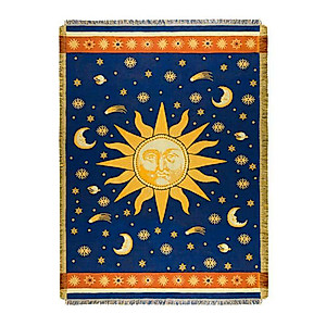 Erke Moon and Sun Throw Blanket Celestial Chair Recliner Cover Bed Spread Hippie Room Decor, Double Sided Cotton Woven Sofa Couch Furniture Aesthetic Throws - 50" X 70", Yellow/Blue