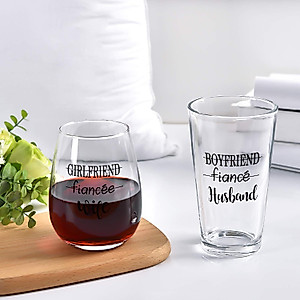 Modwnfy Husband Wife Stemless Wine Glass and Beer Glass Combo, Great Couple Gift for Wedding Engagement Party Bridal Shower Anniversary Valentine’s Day Wife Husband Couple Newly Married, Set of 2