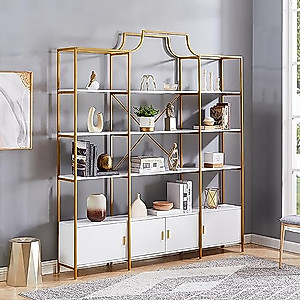 Aiuyesuo 78 Inch 4 Tiers Home Office Bookcase Bookshelf, Modern Storage Cabinet Display Shelf with Open Shelves and X Bar Gold Frame, Freestanding Staggered Storage Shelf with 4 Doors for Home Office