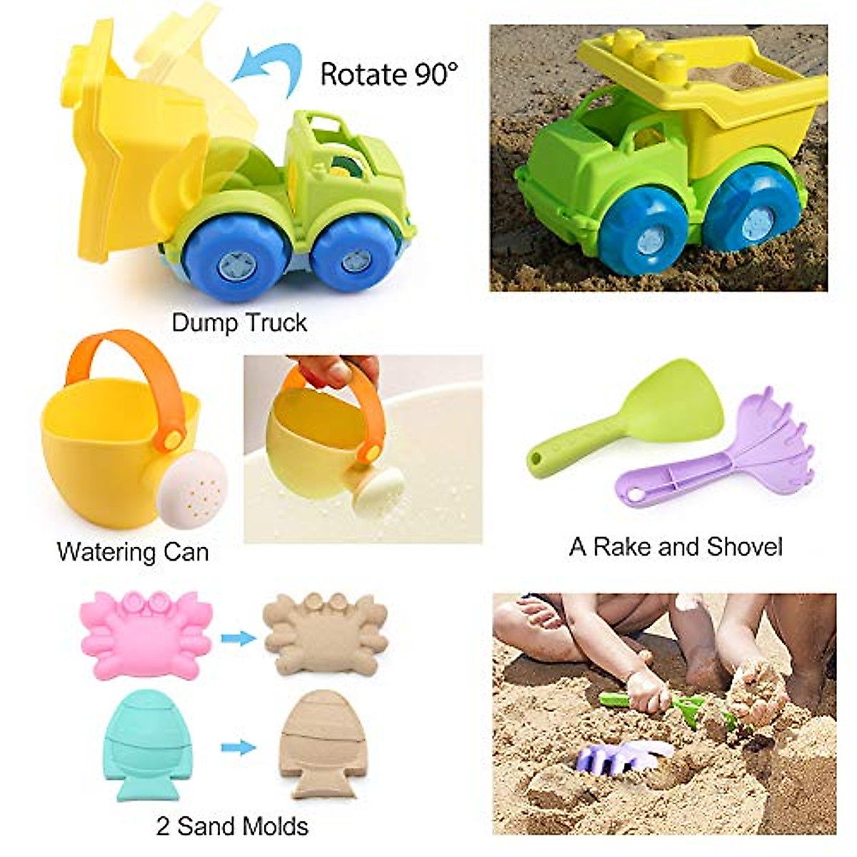 LotFancy Beach Sand Toy Set for Kids, Pack of 6, Snow Toys for Toddlers, Outdoor SandboxToy with Sand Truck, Watering Can, Shovel, Rake, Sand Crab, Fish Molds for Boy Girl on Christmas Day