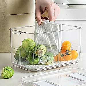 SANNO Fridge Food Storage Containers Produce Saver FreshWorks Produce Food Storage Container Bin Stackable Refrigerator Kitchen Organizer Keeper, with Removable Drain Tray to Keep Fresh
