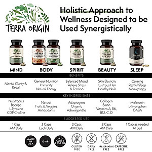 TERRA ORIGIN Healthy Sleep & Wake. Restful Sleep and Awake Refreshed. Non-GMO, Vegan, Gluten Free | 5mg Melatonin, L-Tryptophan, GABA, Chamomile, Valerian, PassionFlower - 60 Capsules