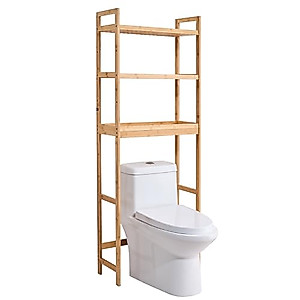 VEVOR Over The Toilet Storage, 3-Tier Adjustable Over Toilet Bathroom Organizer, Bamboo Storage Shelf Rack with 3 Hooks, Freestanding Easy Assembly Laundry Space Saver, Fit Most Toilets