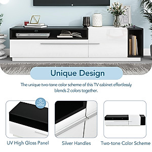 Merax Two-Tone Design Stand with Silver Handles, UV High-Gloss Media Console for Television Up to 70", Chic Style TV Storage Cabinet for Living Room, 66.8 inch Length, White
