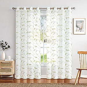 COLLACT Sheer Curtains Leaf Embroidered Living Room Curtains Farmhouse Window Treatments Sheer Curtains 84 Inch Length 2 Panels Set Window Curtains Rustic Bedroom Curtains Grommet Top Green on White