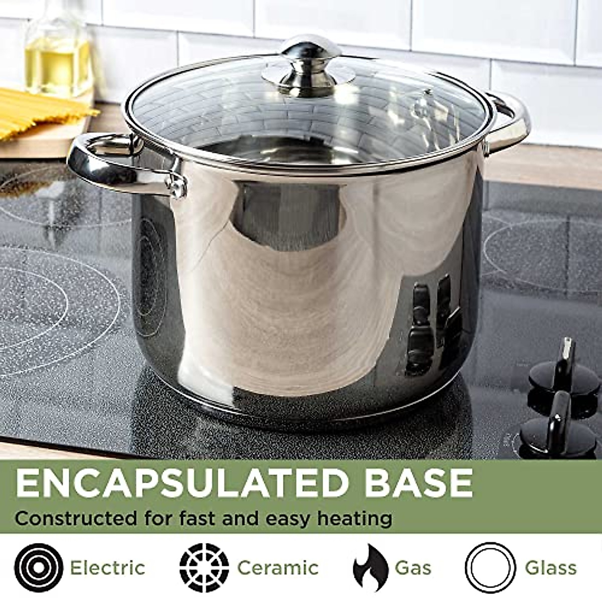 Ecolution Stainless Steel Stock Pot with Encapsulated Bottom Matching Tempered Glass Steam Vented Lids, Made Without PFOA, Dishwasher Safe, 8-Quart, Silver