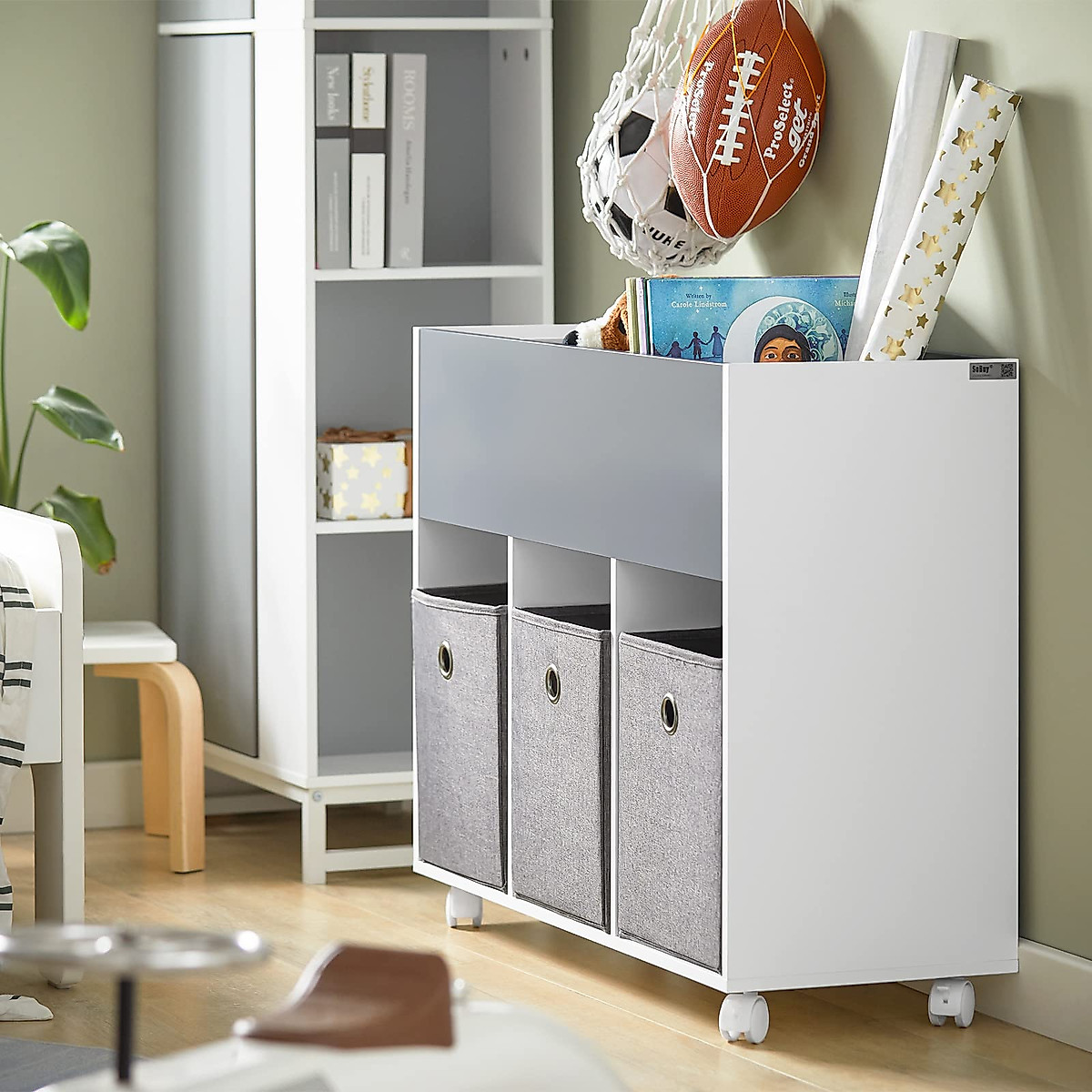 Haotian Kids Toy Storage Organizer Cart, Bookshelf with 3 Baskets & Wheels Children Toddlers Bookcase Playroom Nursery, Grey, KMB61-HG