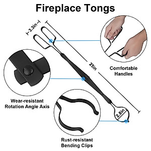 Fireplace Tools Fire Pit Accessories - 25" Fireplace Tongs and 32" Poker Set - Stove Accessories Fire Tongs Solid Poker Stick Tools - Log Grabber Heavy Duty Rust Resistant for Indoor and Outdoor use