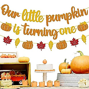 Our Little Pumpkin is turning One Banner 1st Birthday Banner Happy First Birthday Decoration Pumpkin 1s Bday Decor Fall Autumn Thanksgiving Party Event Backdrop Celebration Gold Glitter Supplies for Boys Girls Baby Shower 1st Birthday Party