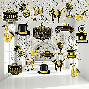 30 Pieces Roaring 20s Swirls Party Decorations, Black Gold Birthday Party Hanging Spirals Streamer Retro Decor for Anniversary Birthday Party 1920s Vintage Jazz Flapper Party Wedding Party Supplies