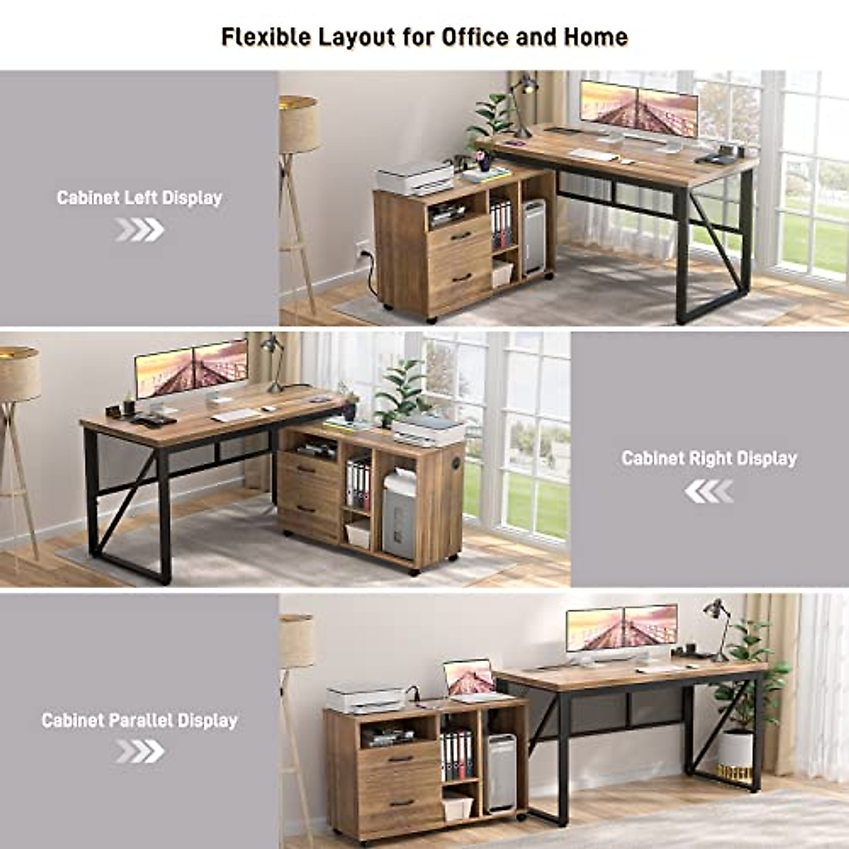 Unikito 55 Inch Executive Desk and Lateral File Cabinet, L Shaped Office Desk with Power Outlet and USB Port, Large Computer Table Home Office Furniture with Drawers and Storage Shelves, Rustic Walnut