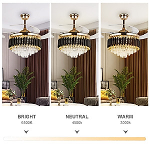 MoreChange 42" Fandalier Ceiling Fans with Lights Retractable Blades Remote Control Modern Chandelier Ceiling Fan 3 Speeds 3 Color Changes Lighting Fixtures, Silent Motor with LED Kits(Gold+Black)