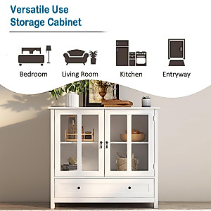 Henf Kitchen Sideboard Buffet Storage Cabinet, Floor Cabinet Cupboard with Double Glass Doors, Free Standing Accent Cabinet with a Drawer and Adjustable Closed Shelf, Perfect for Kitchen Dining Room