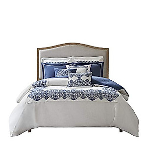 Madison Park Signature Cozy Comforter Set - All Season Bedding Combo Filled Insert and Removable Duvet Cover, Shams, Decorative Pillows, Queen (92 in x 96 in), Bohemian Blue 9 Piece