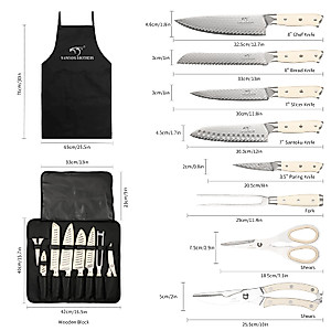 NANFANG BROTHERS Chef Knife Set with Bag, 9 Pieces Damascus Steel Chef Knives with Portable Knife Roll Storage Bag, Blade Guards, Carving Fork, Apron and Kitchen Shears for Outdoor Camping Travel