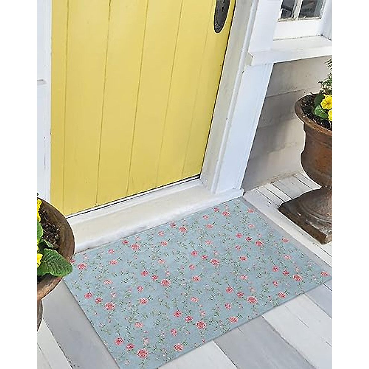 Indoor Outdoor Mats, Rustic Simple Floral Tile Pattern Door Mat, Non-Slip Absorbent Resist Dirt Entrance Mat Washable Welcome Mats for Entryway, Low-Profile Floor Mats