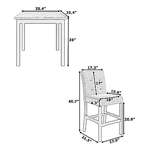 Merax 5-Piece Wooden Counter Height Dining Set,Square Dining Room Table and Chairs Stools w/Footrest and 4 Upholstered High-Back Chairs,(Black+Gray)