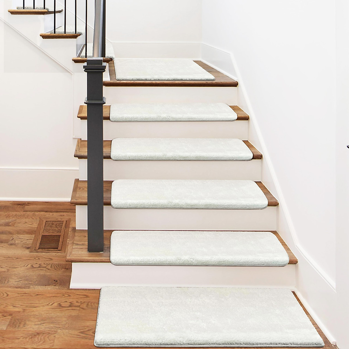 PURE ERA Carpet Stair Treads Ultra Plush 9.5" X 30"Soft Bullnose Indoor Stair Protectors Pet-Friendly Non-Slip Skid Resistant Tape Free Washable Reusable(2 Pieces,White)